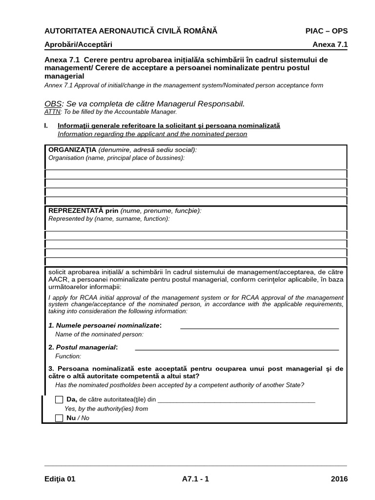 A07 Anexa 7.1 - Cerere AprobariAcceptari PH | PDF
