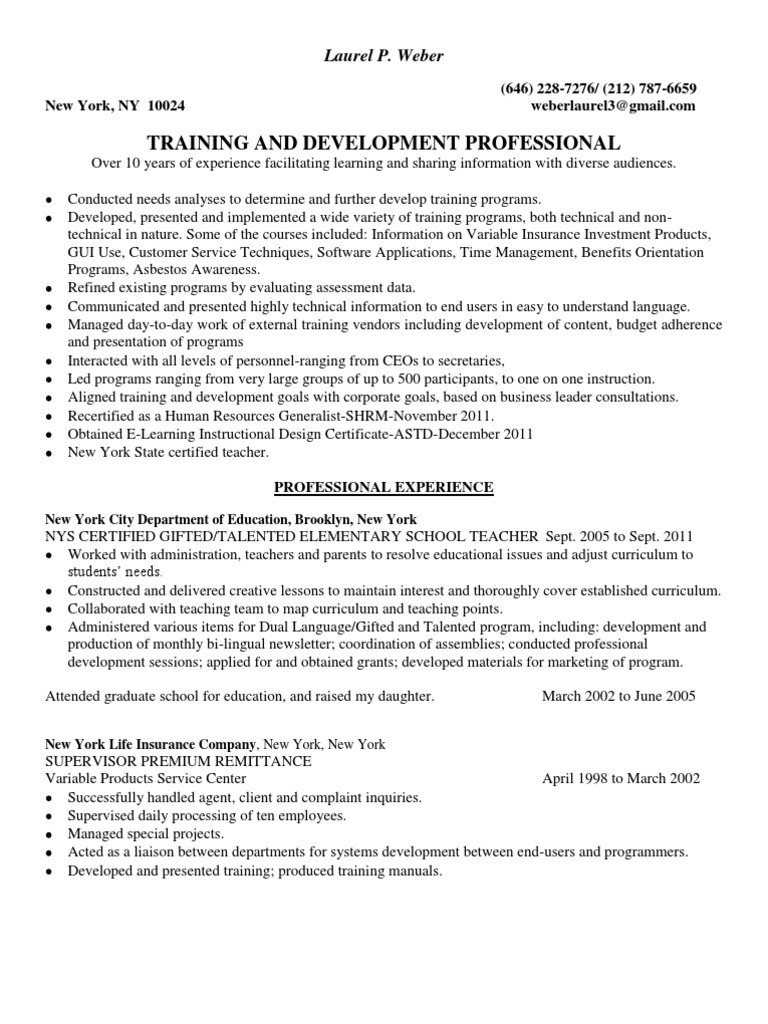Training Development Manager in Manhattan NYC NY Resume Laurel Weber ...
