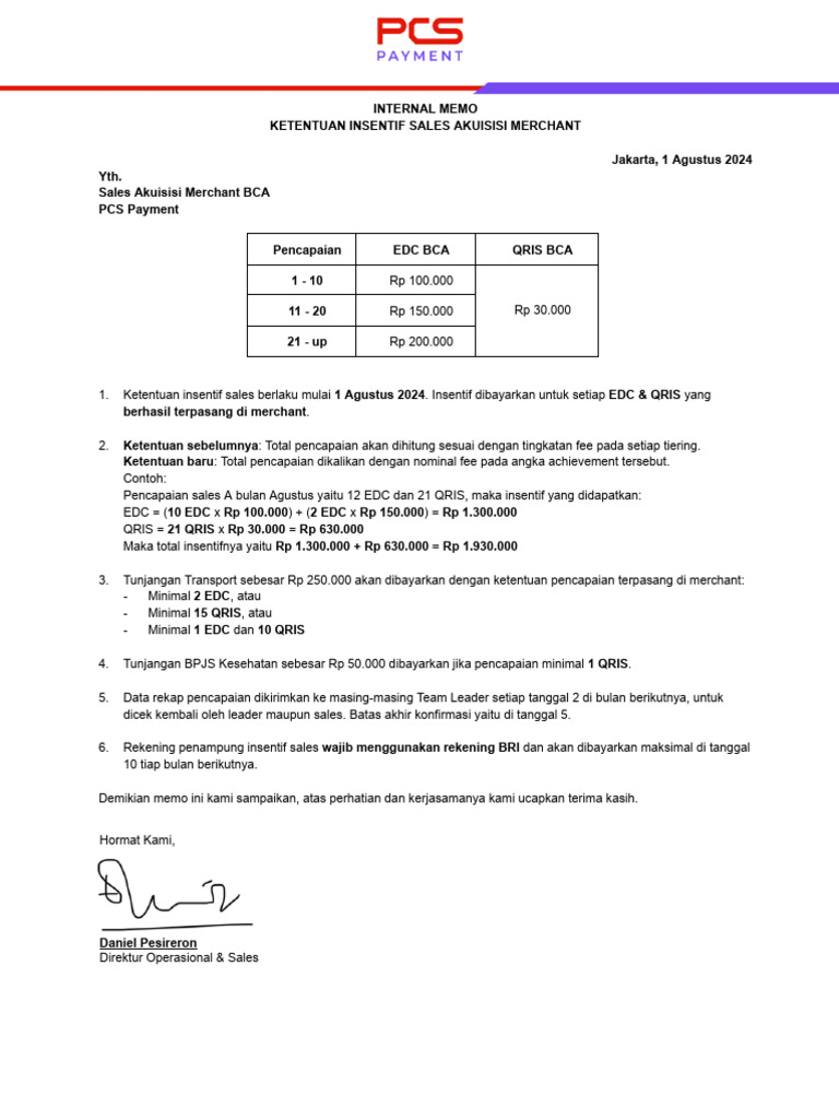 Internal MEMO - Ketentuan Insentif Sales BCA Agt 2024 | PDF