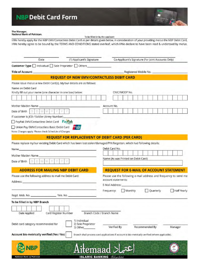 NBP Aitemaad Debit Card Form | PDF