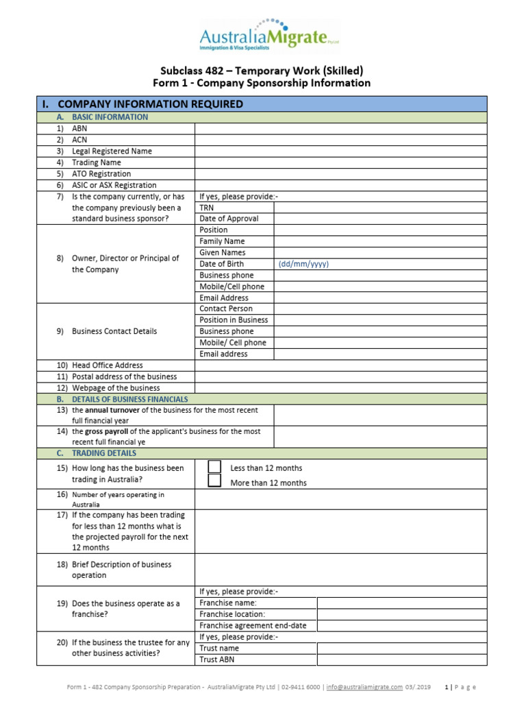 Form 1 - 482 Company Requirements - Sponsorship | PDF
