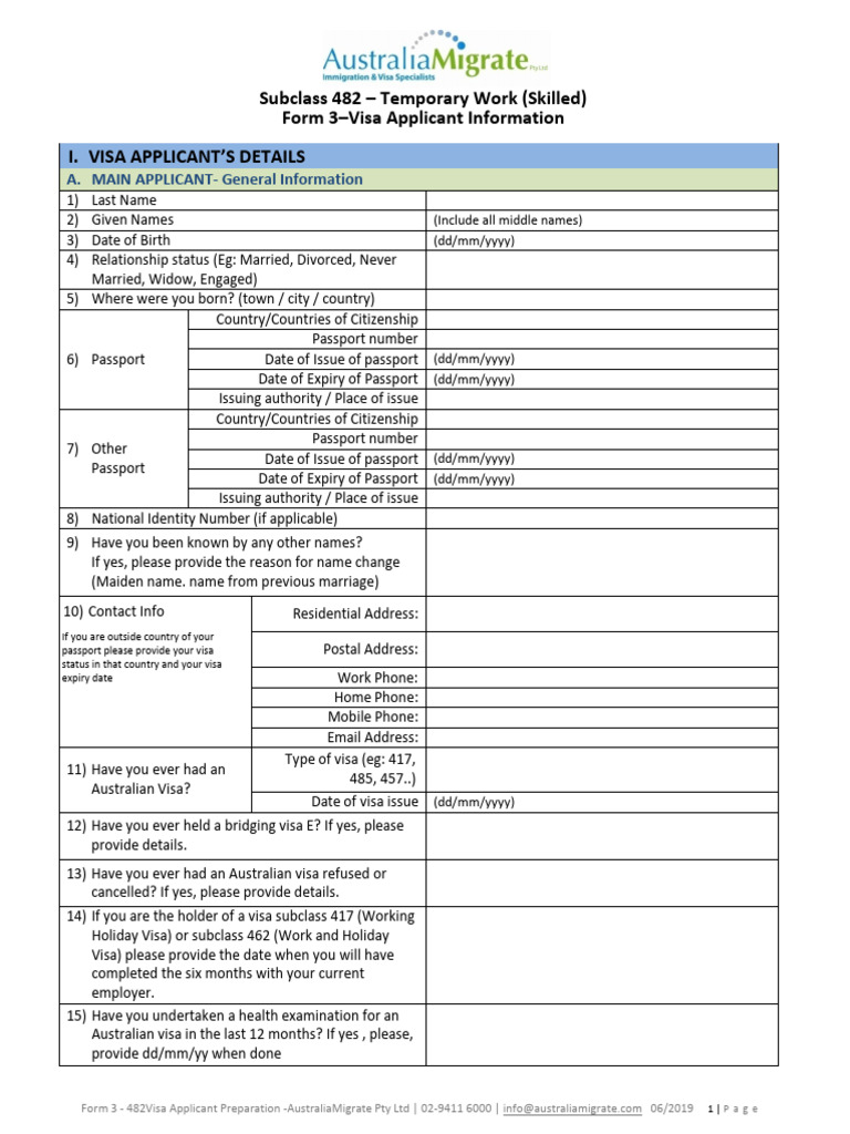 Form 3 - 482 Visa Applicant Requirements - Feb 2020 | PDF