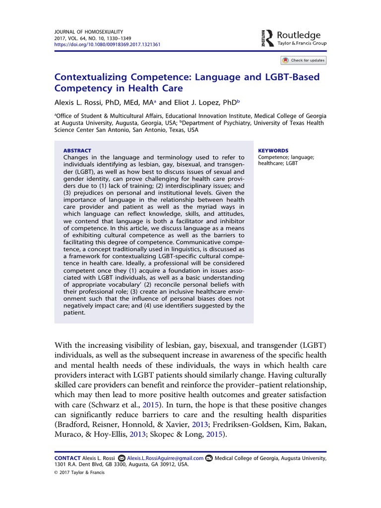 Contextualizing Competence: Language and LGBT-Based Competency in Health Care - Rossi & Lopez ...