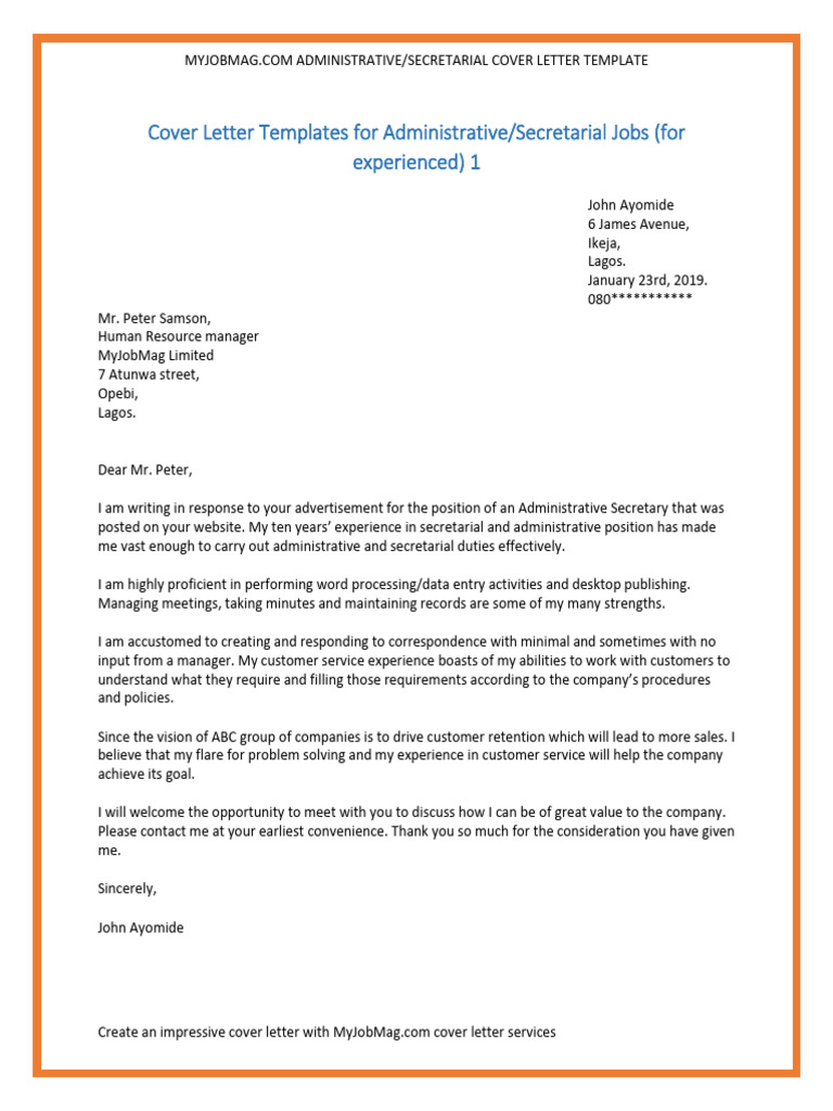 Myjobmag Professional Administrative Cover Letter | PDF
