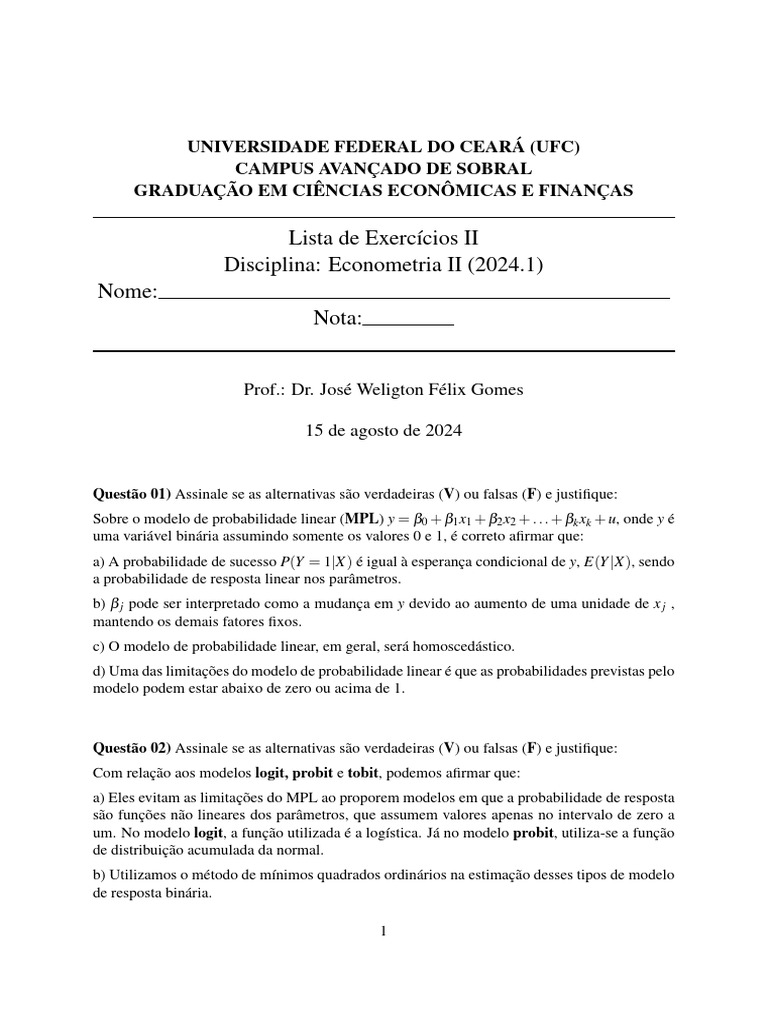 Lista de Exercícios II Econometria II 2024.1 | PDF | Estimador | Probabilidade