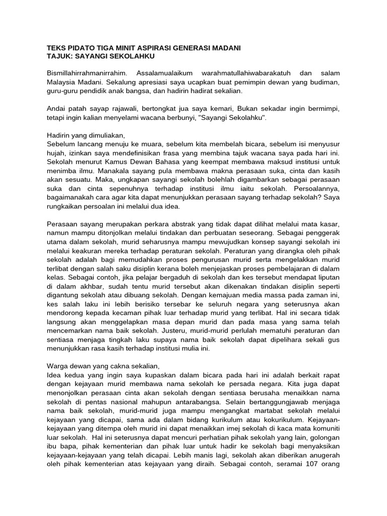 Teks Pidato Tiga Minit Aspirasi Generasi Madani | PDF