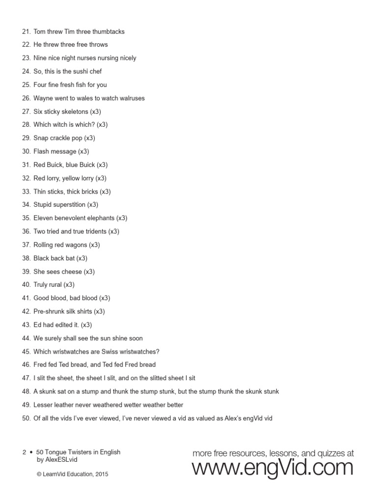 50 Tongue Twisters in English | PDF