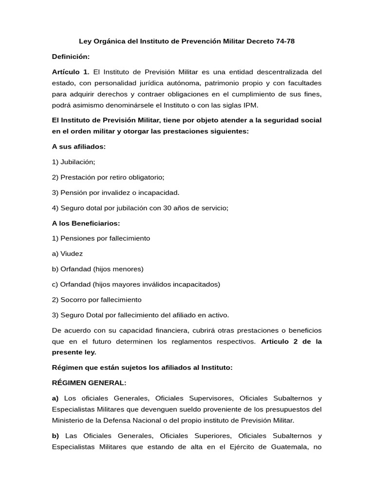 Ley Orgánica Del Instituto de Prevención Militar Decreto 74 | PDF