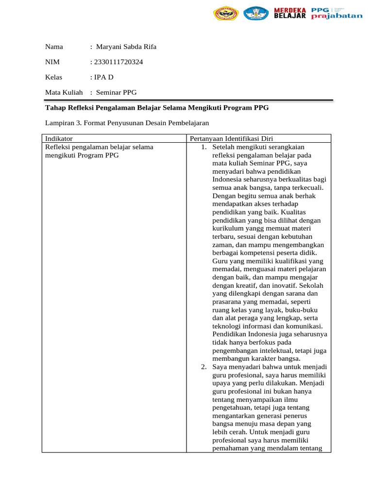 Refleksi Pengalaman Belajar Selama Mengikuti Program PPG - Maryani Sabda Rifa - Seminar PPG | PDF
