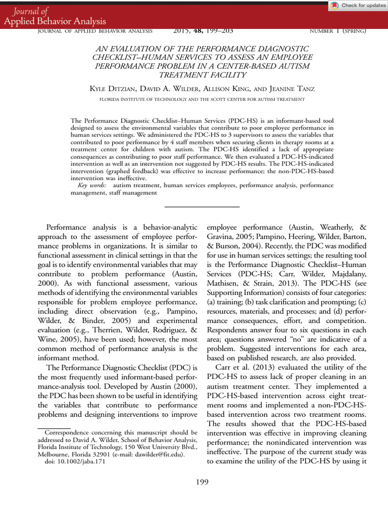 J Of App Behav Analysis 2014 Ditzian An Evaluation Of The Performance Diagnostic Checklist