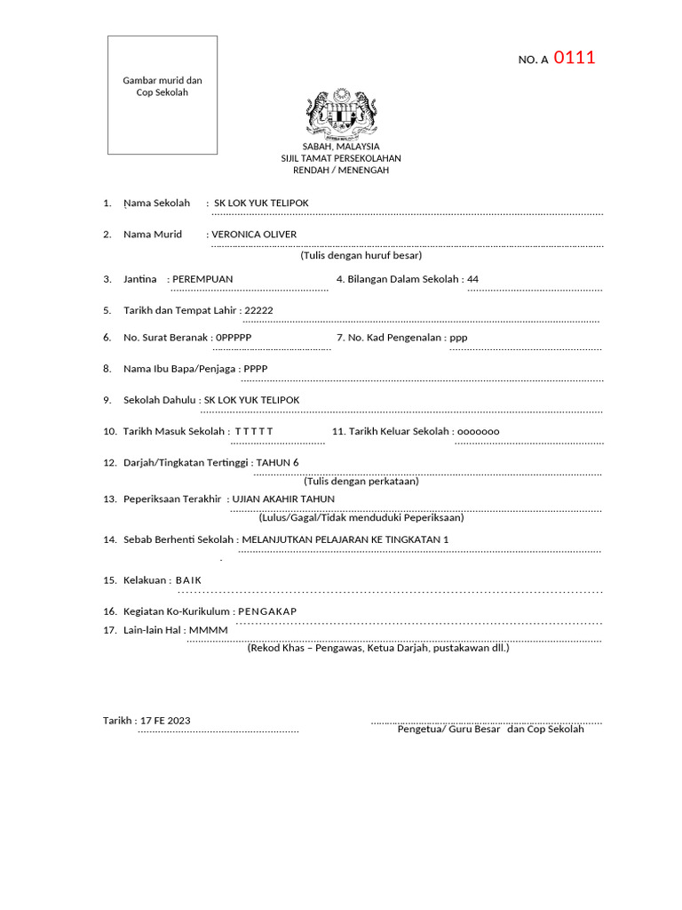 Sijil Tamat Persekolahan | PDF