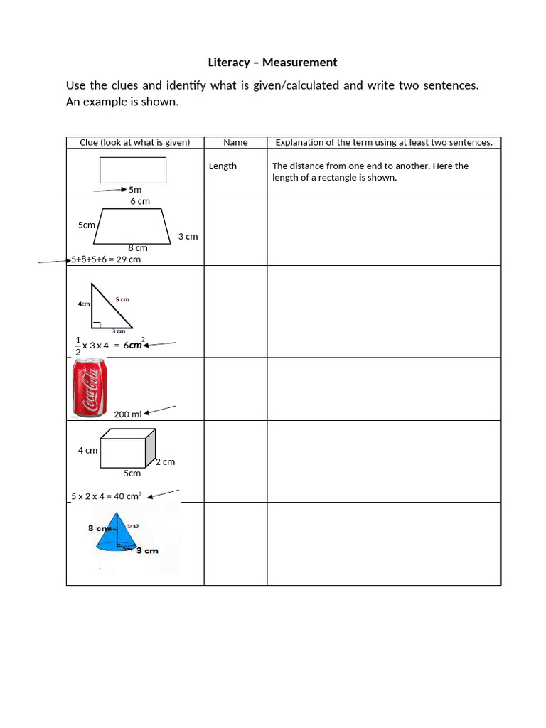 Literacy Worksheet For Measurement | PDF