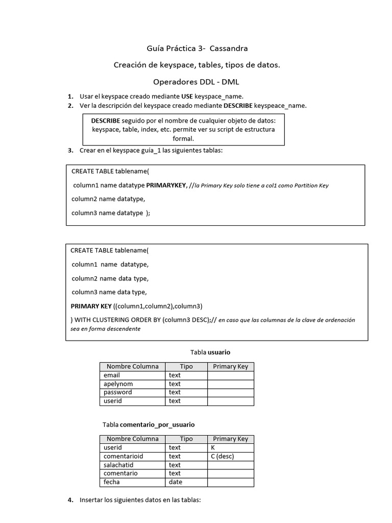 Guía 3 Cassandra DDL DML | PDF
