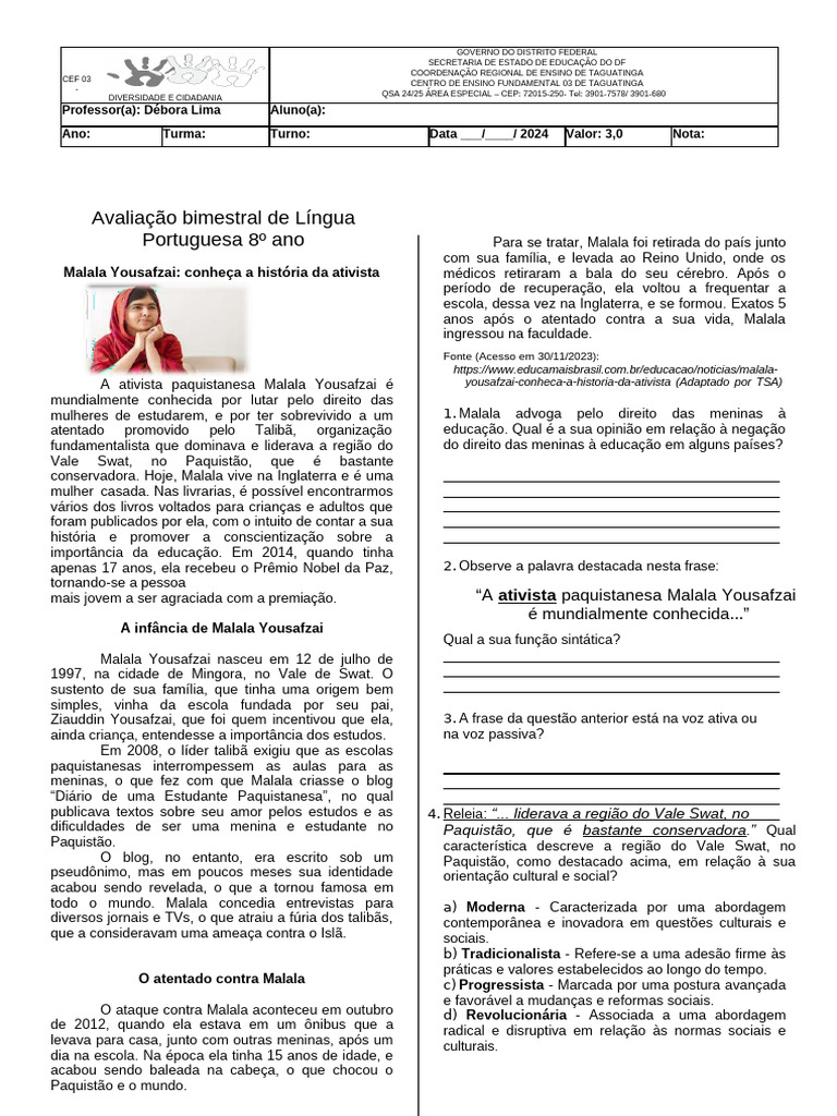 Prova 8º Ano 2º Bimestre | PDF