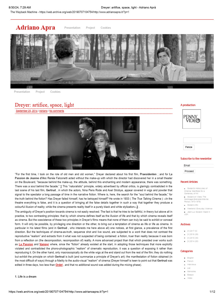 Dreyer_ artifice, space, light - Adriano Aprà | PDF