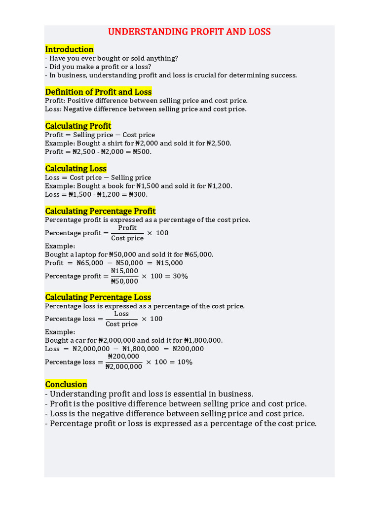 UNDERSTANDING PROFIT AND LOSS ENOTE | PDF