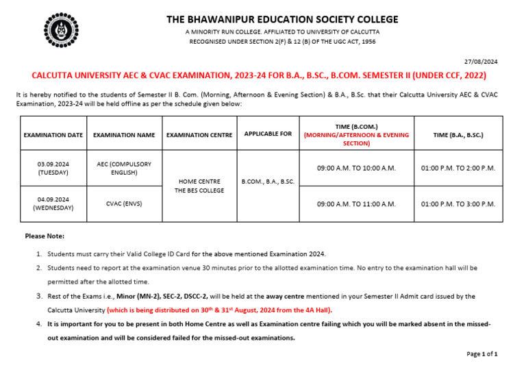AEC CVAC Examination Notice SEM II 2023 24 Updated | PDF