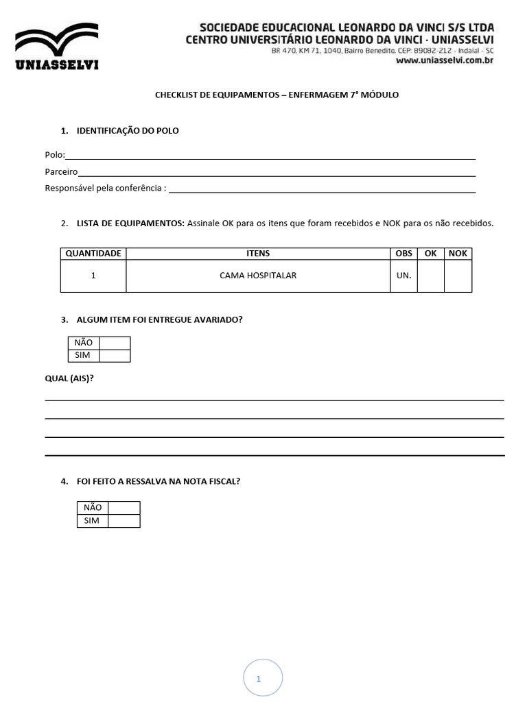 Checklist - Cama Hospitalar 7° Módulo | PDF