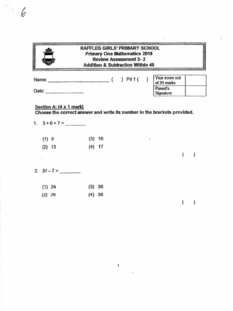 P1 Maths 2018 Raffles Test1 Papers | PDF
