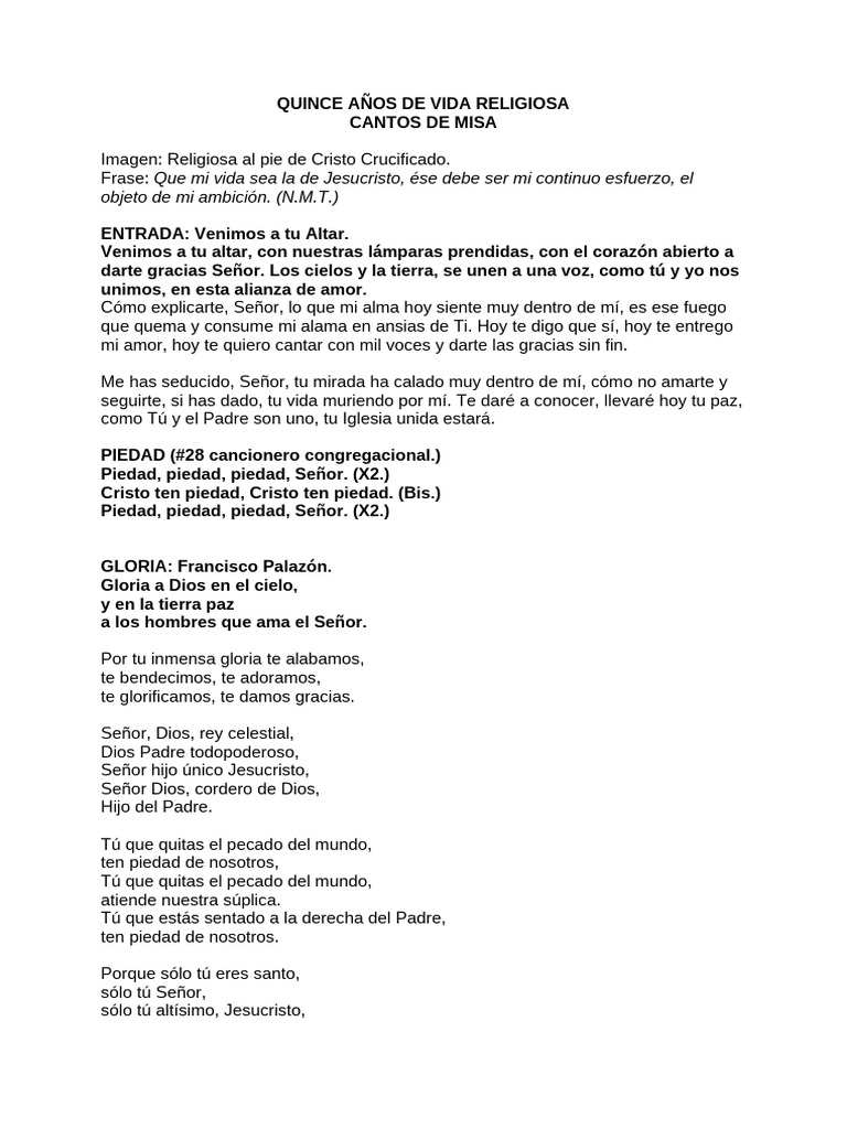Cantos de Misa Quince Años de Vida Religiosa | PDF