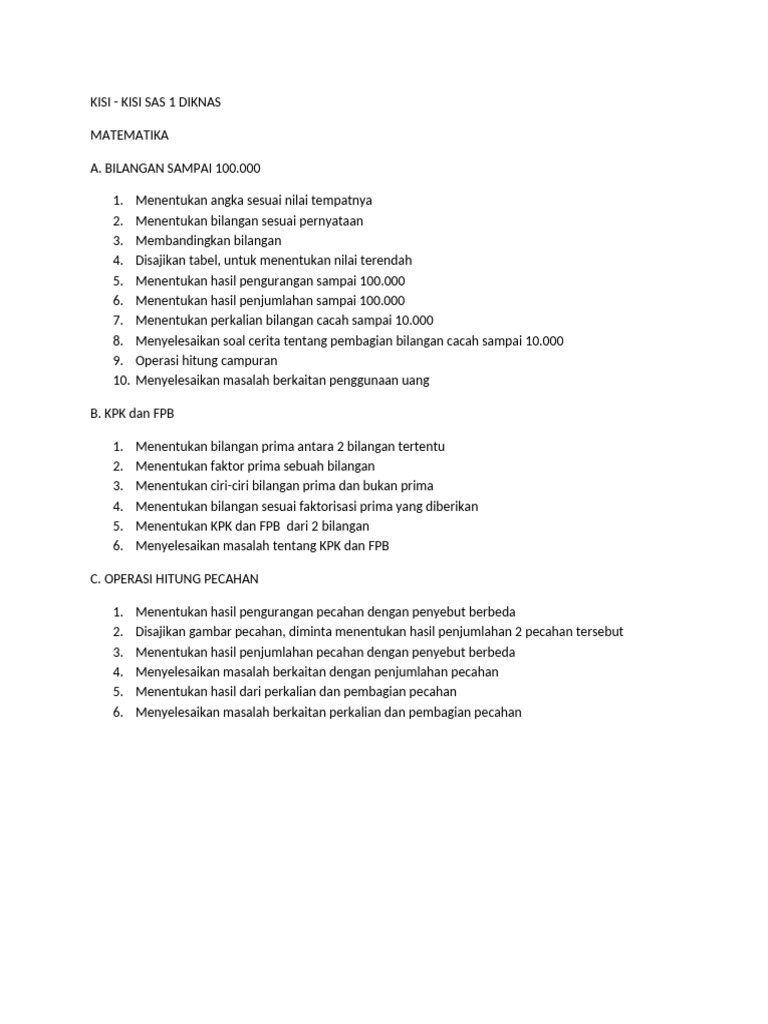 Kisi - Kisi Sas-Matematika | PDF