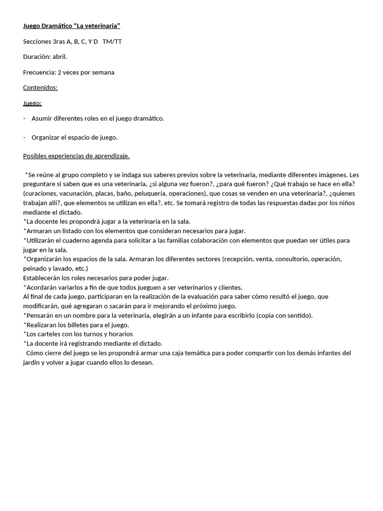 Juego Dramático La Veterinaria | PDF