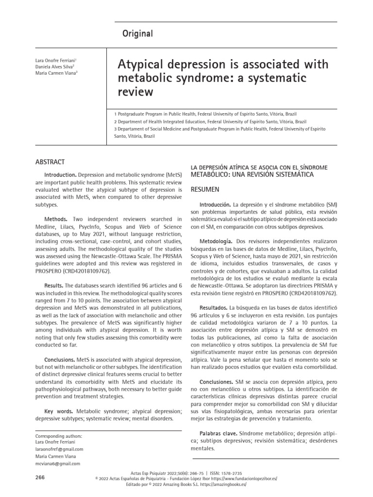 Atypical Depression Is Associated With Metabolic Syndrome: A Systematic ...