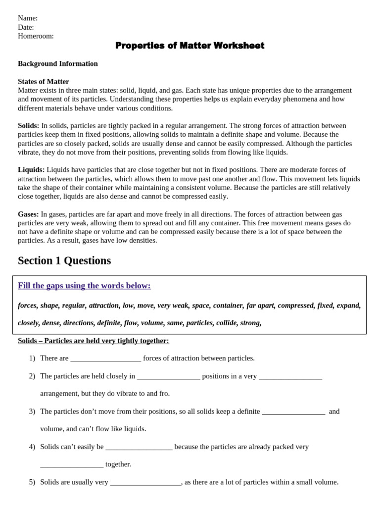 Properties of Matter Worksheet | PDF