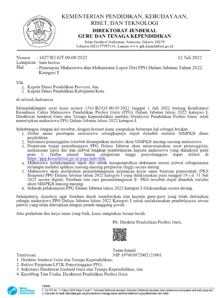 Penetapan Mahasiswa Dan Mekanisme Lapor Diri PPG Dalam Jabatan Tahun 2022 Kategori I ...