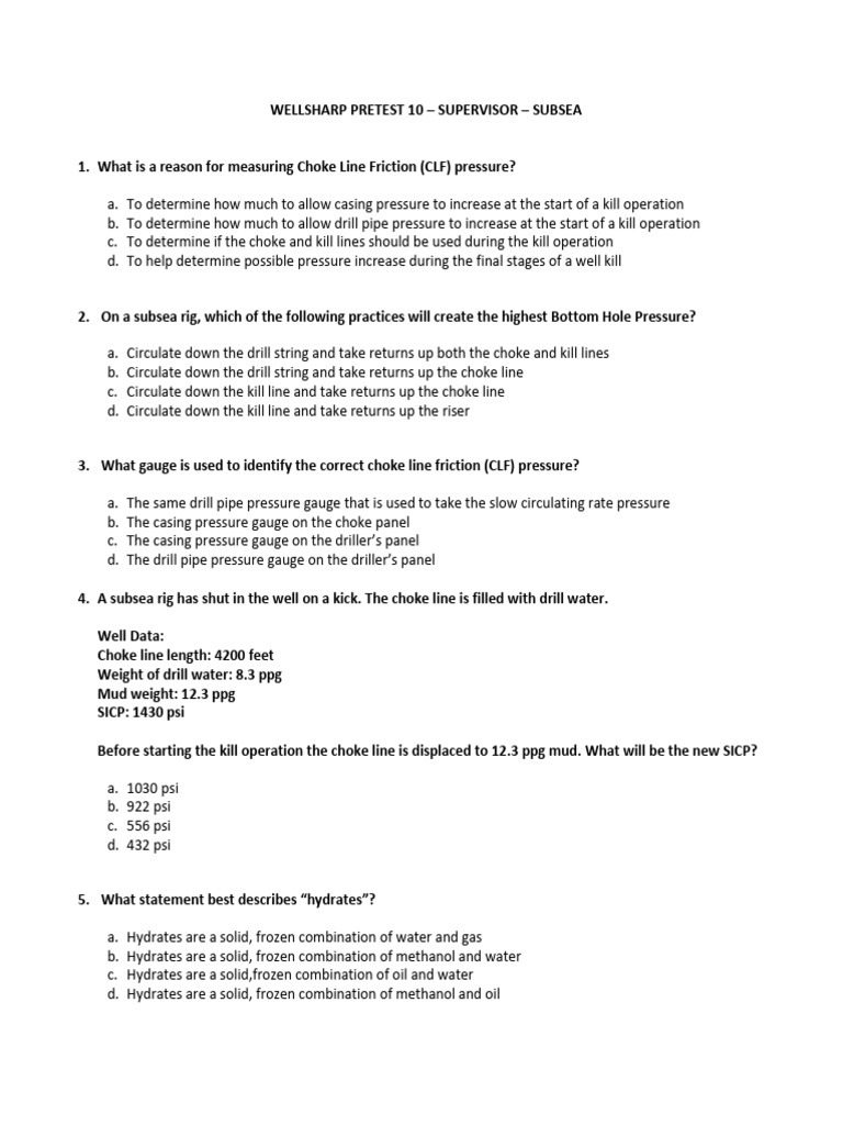 Wellsharp Pretest 10 - Supervisor - Subsea | PDF