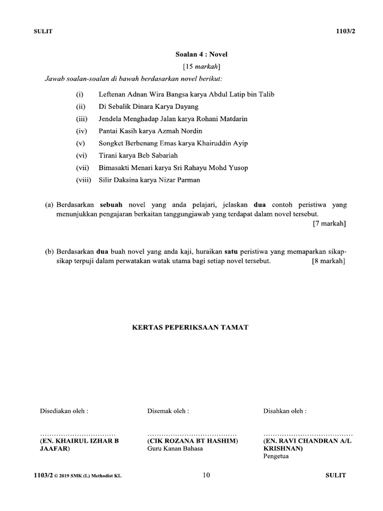 Novel Kertas Ujian SPM Percubaan SMK (L) Methodist Kuala Lumpur | PDF