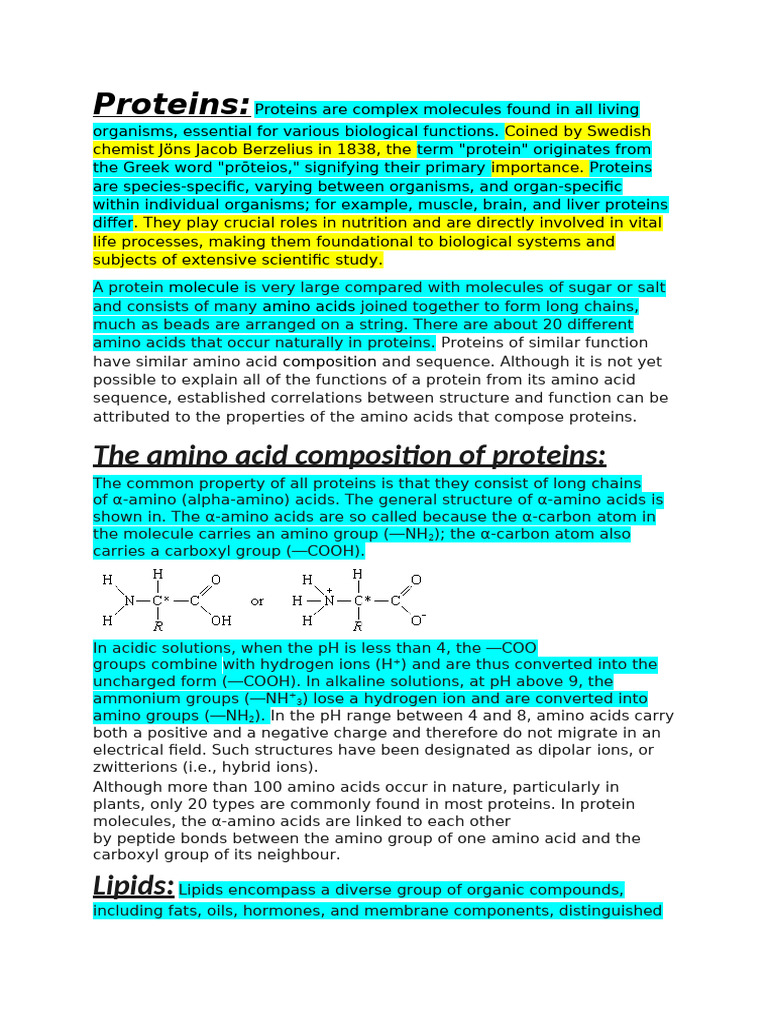 Biology notes. Protein, Carbohydrate and Lipids. | PDF
