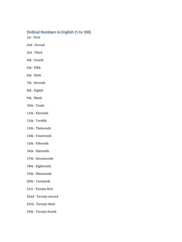 Ordinal Numbers in English 1 To 100 | PDF