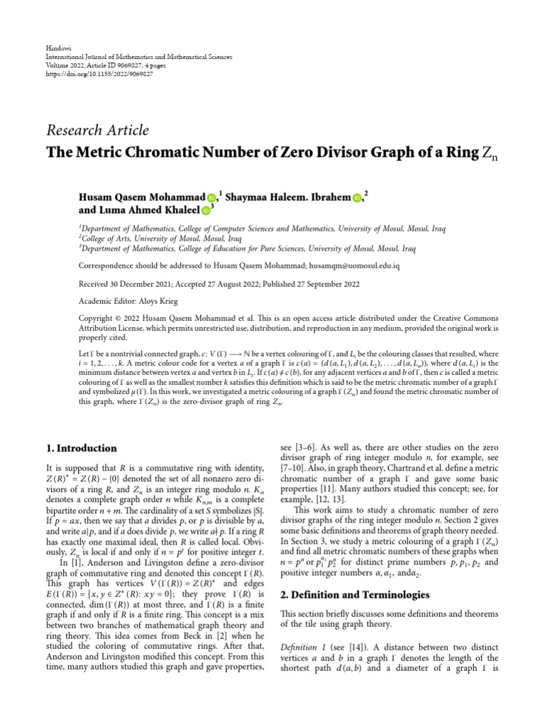 The Metric Chromatic Number of Zero Divisor Graph | PDF