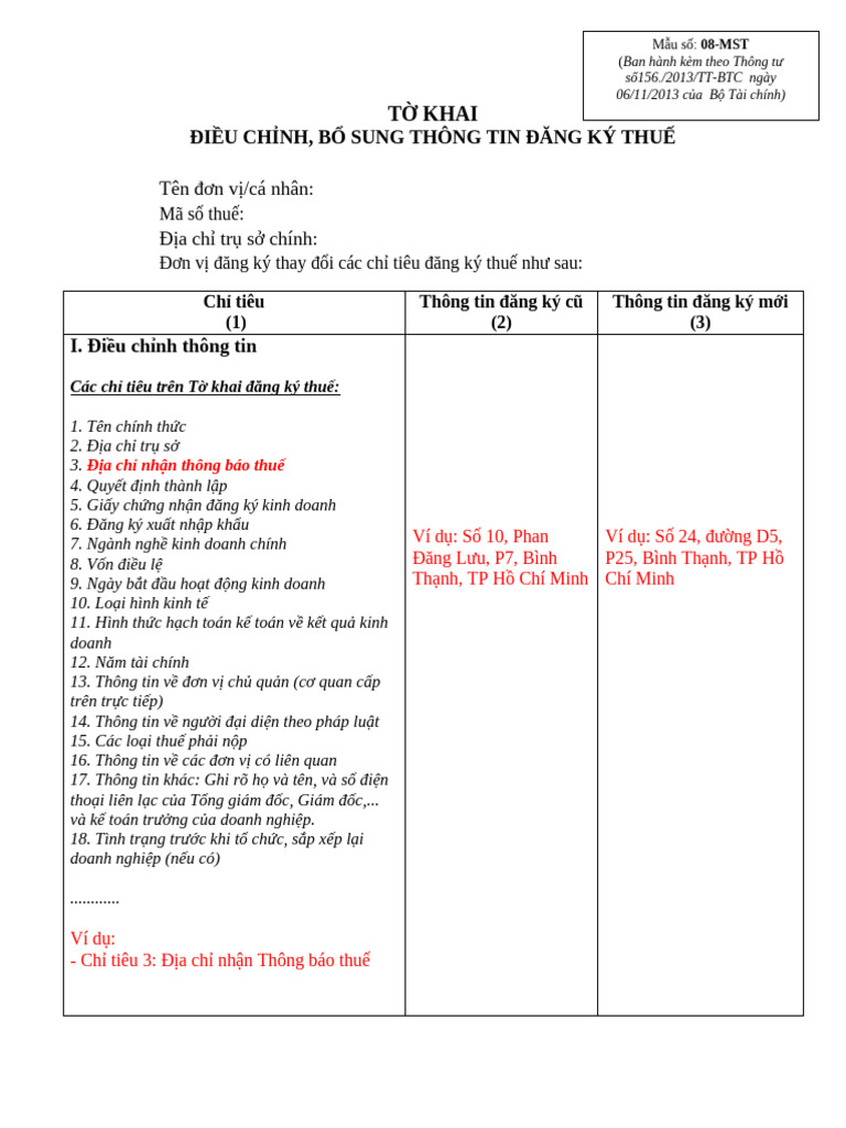 Mau 08-MST Bo Sung Thong Tin Tai Khoan Ngan Hang | PDF