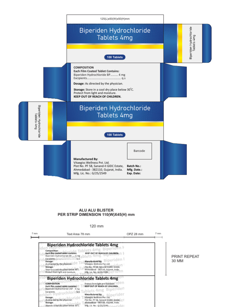 Biperiden Hydrochloride Tablets 4mg 100 Tab | PDF