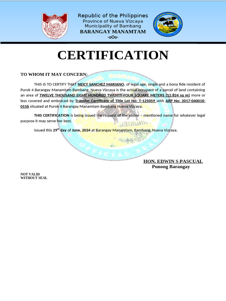 Barangay Manamtam Land Certifications | PDF | Agriculture