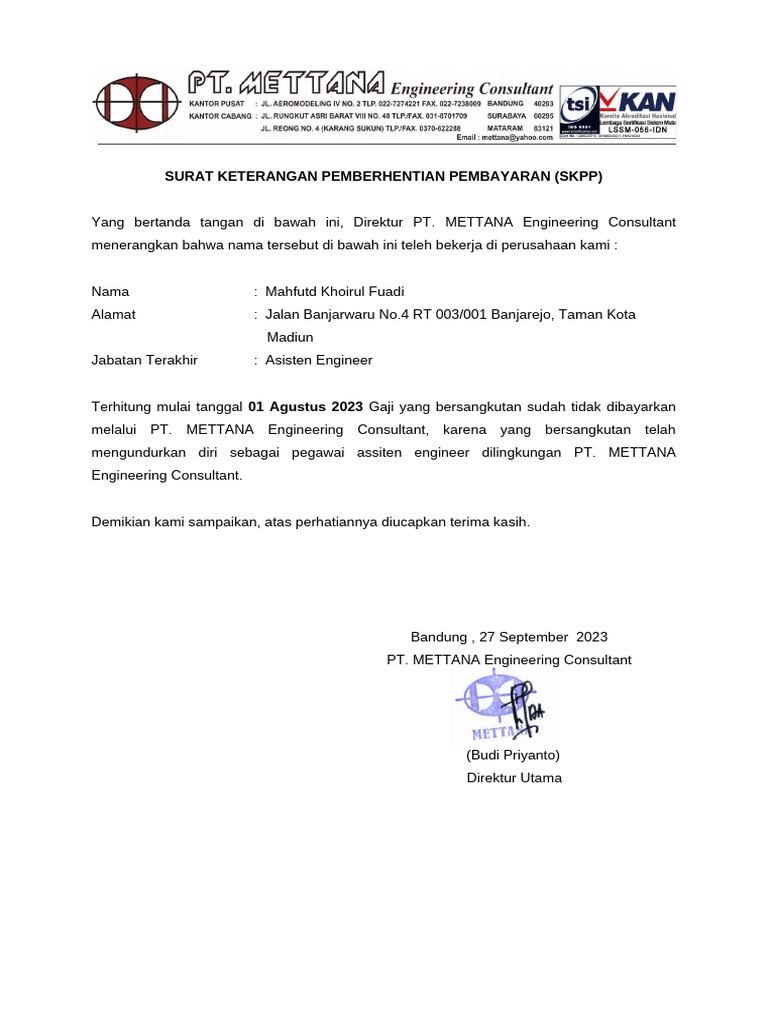 Surat Keterangan Pemberhentian Pembayaran (SKPP) - Mettana | PDF