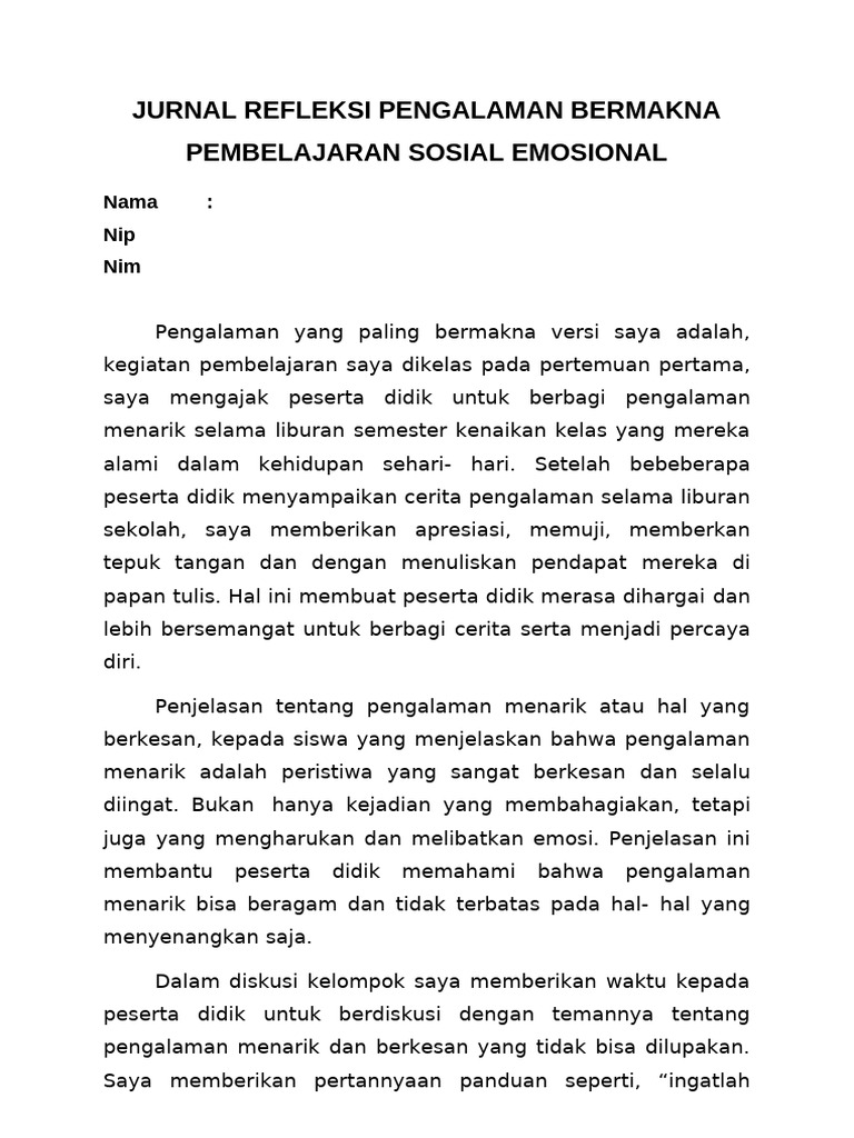 Jurnal Refleksi Pengalaman Bermakna Pembelajaran Sosial Emosional | PDF