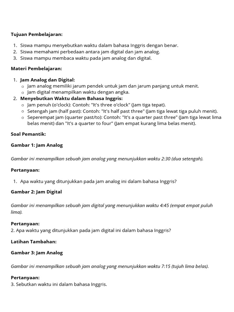 Tentu, Berikut Adalah Modul Ajar Telling Time Untuk Kelas 7 Dalam ...