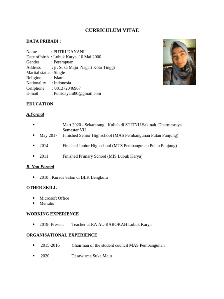 CURRICULUM VITAE CV Putri | PDF