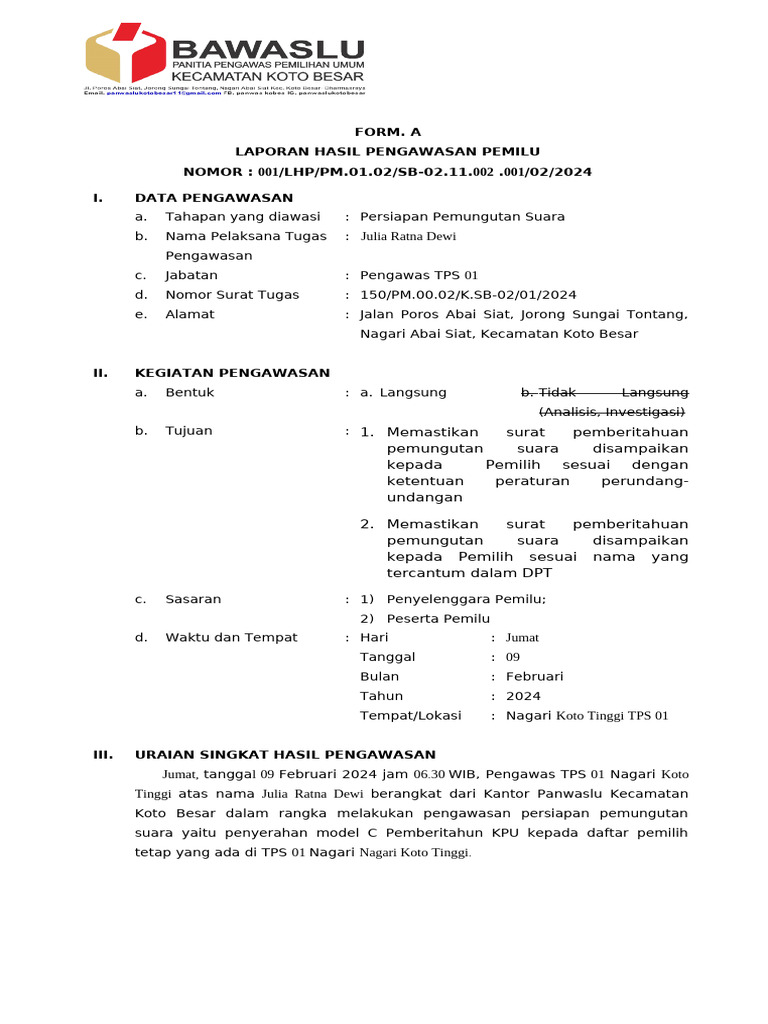 Draft FORM A Ratna - TPS01.KOTING-2 | PDF
