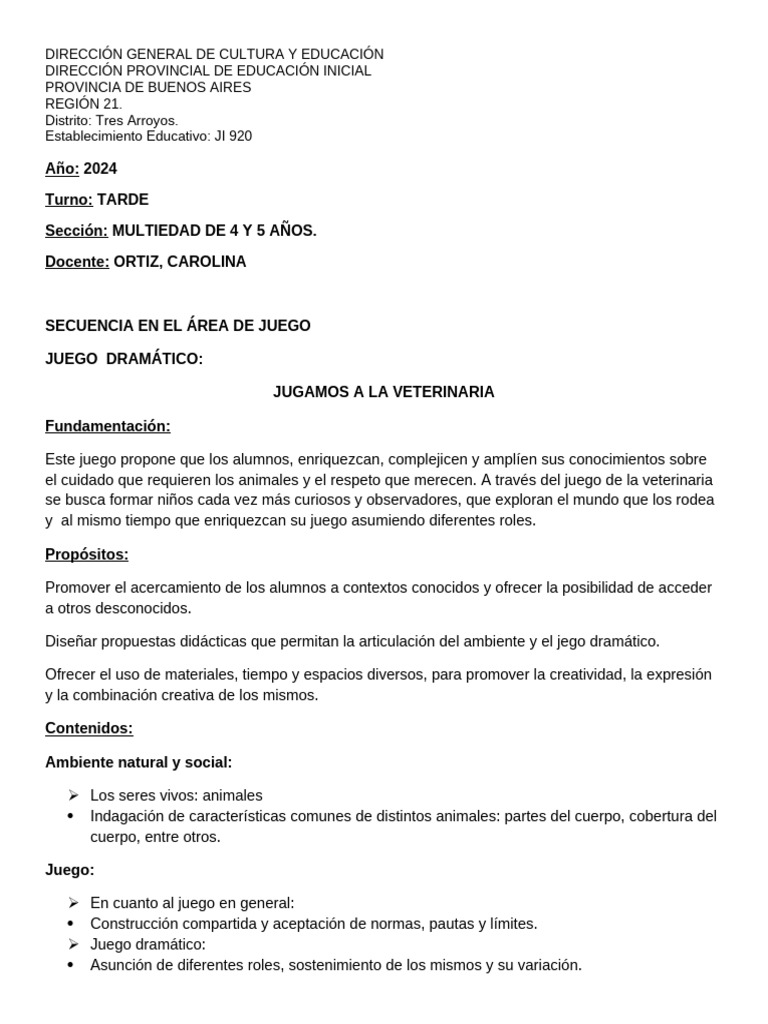 Juego Dramático La Veterinaria | PDF