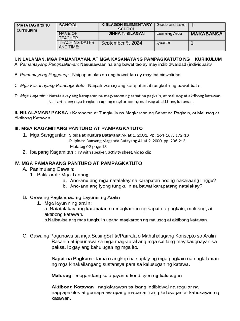 Lesson Plan in Makabansa 1 2024-2025 | PDF