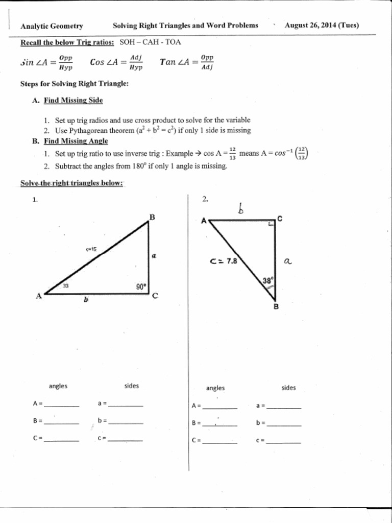 Solve Right Triangle Word Problems Handout Solutions | PDF