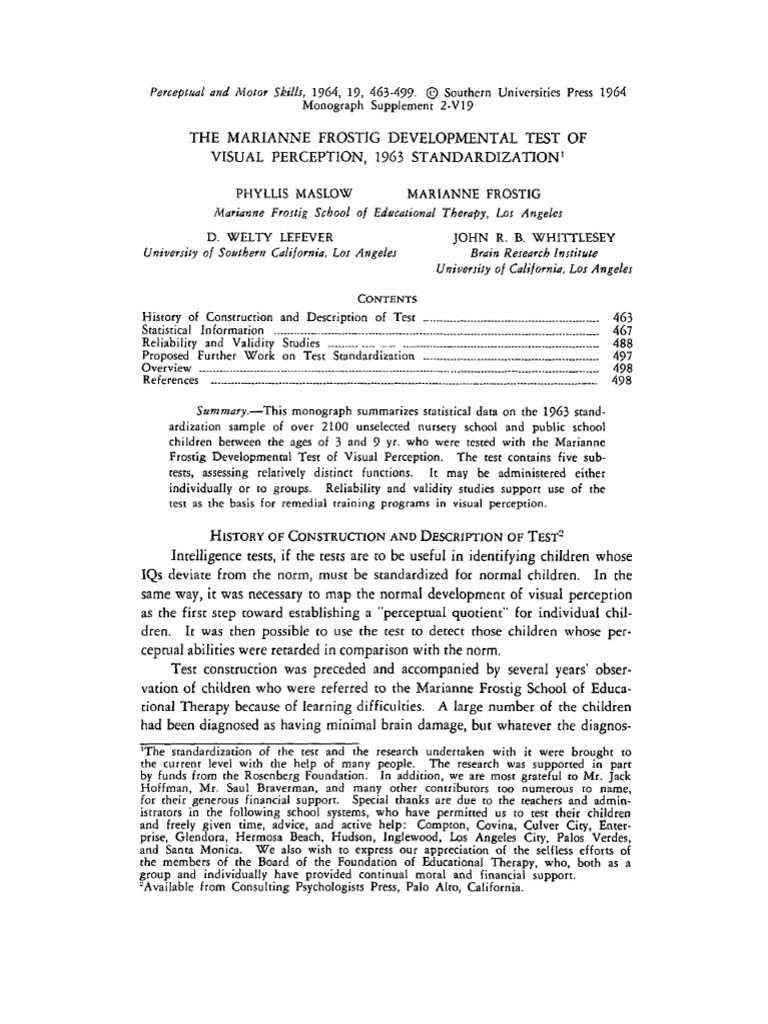 Maslow Et Al 1964 The Marianne Frostig Developmental Test of Visual ...