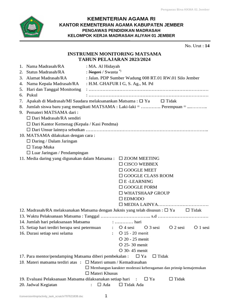 Instrumen Monitoring MATSAMA | PDF