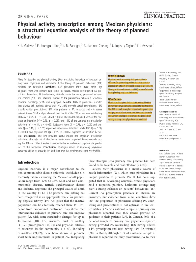 Physical Activity Prescription Among Mexican Physicians A Structural ...