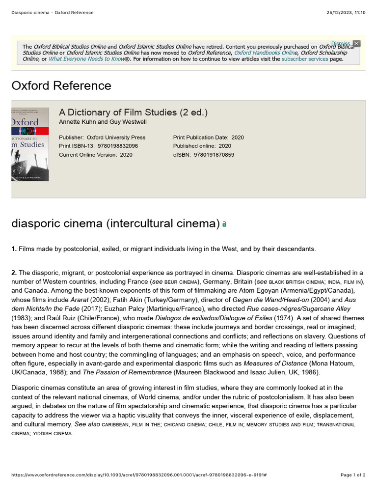 Diasporic Cinema - Oxford Reference | PDF