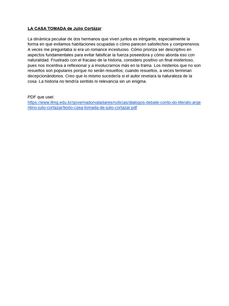 La Casa Tomada de Julio Cortázar | PDF